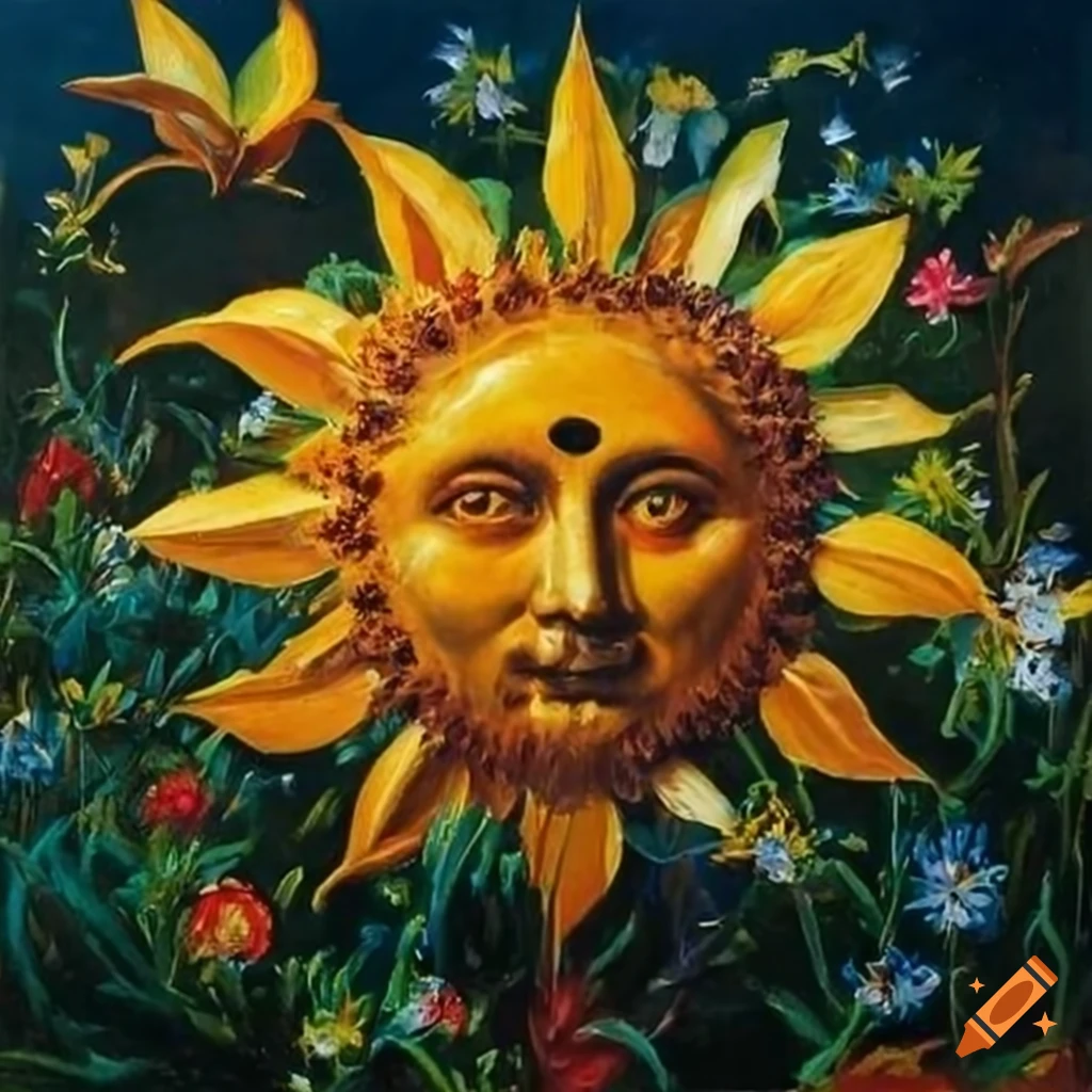 Sun god in a flower garden in an ancient oil painting on Craiyon
