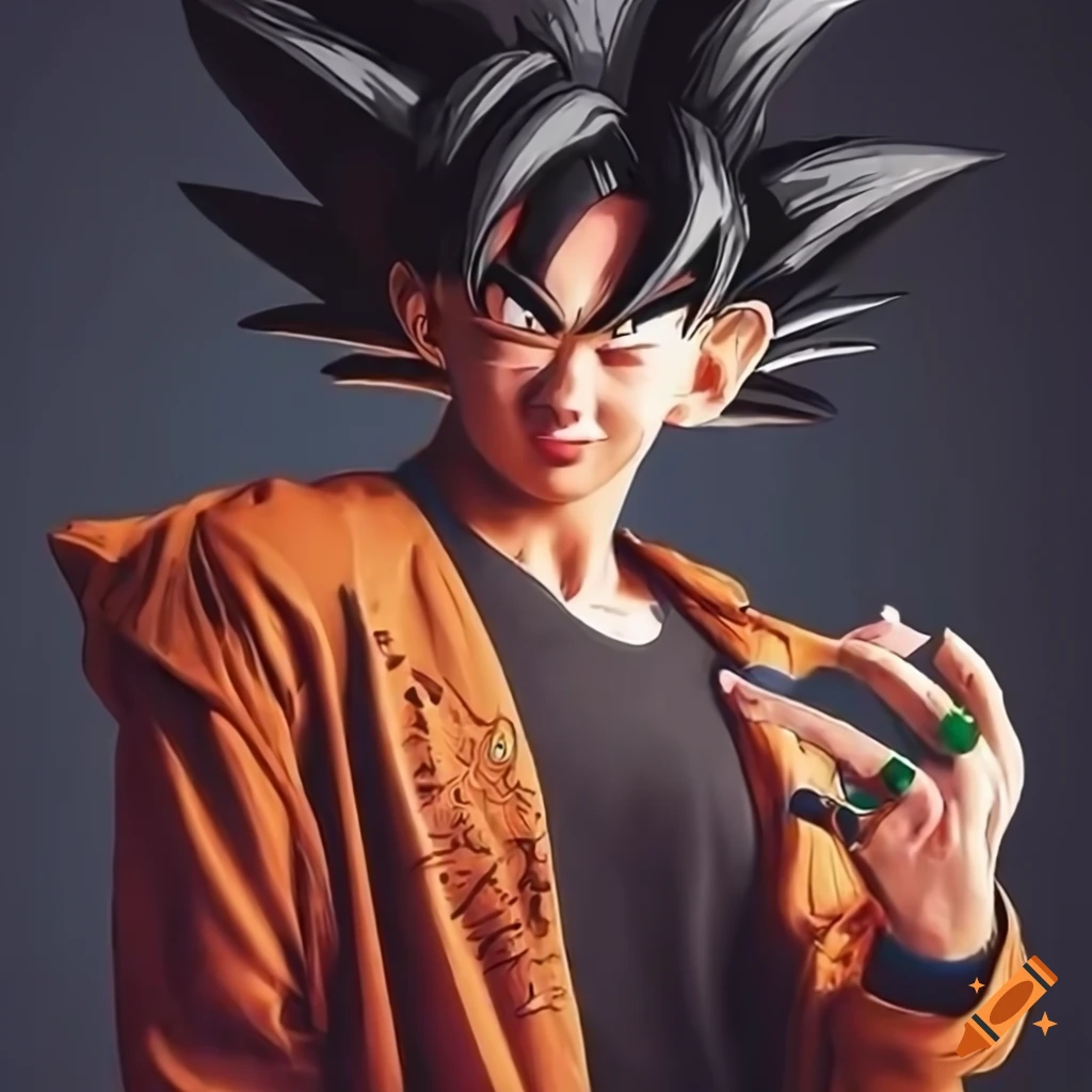Goku from Dragonball wearing designer clothing in a fashion show on Craiyon
