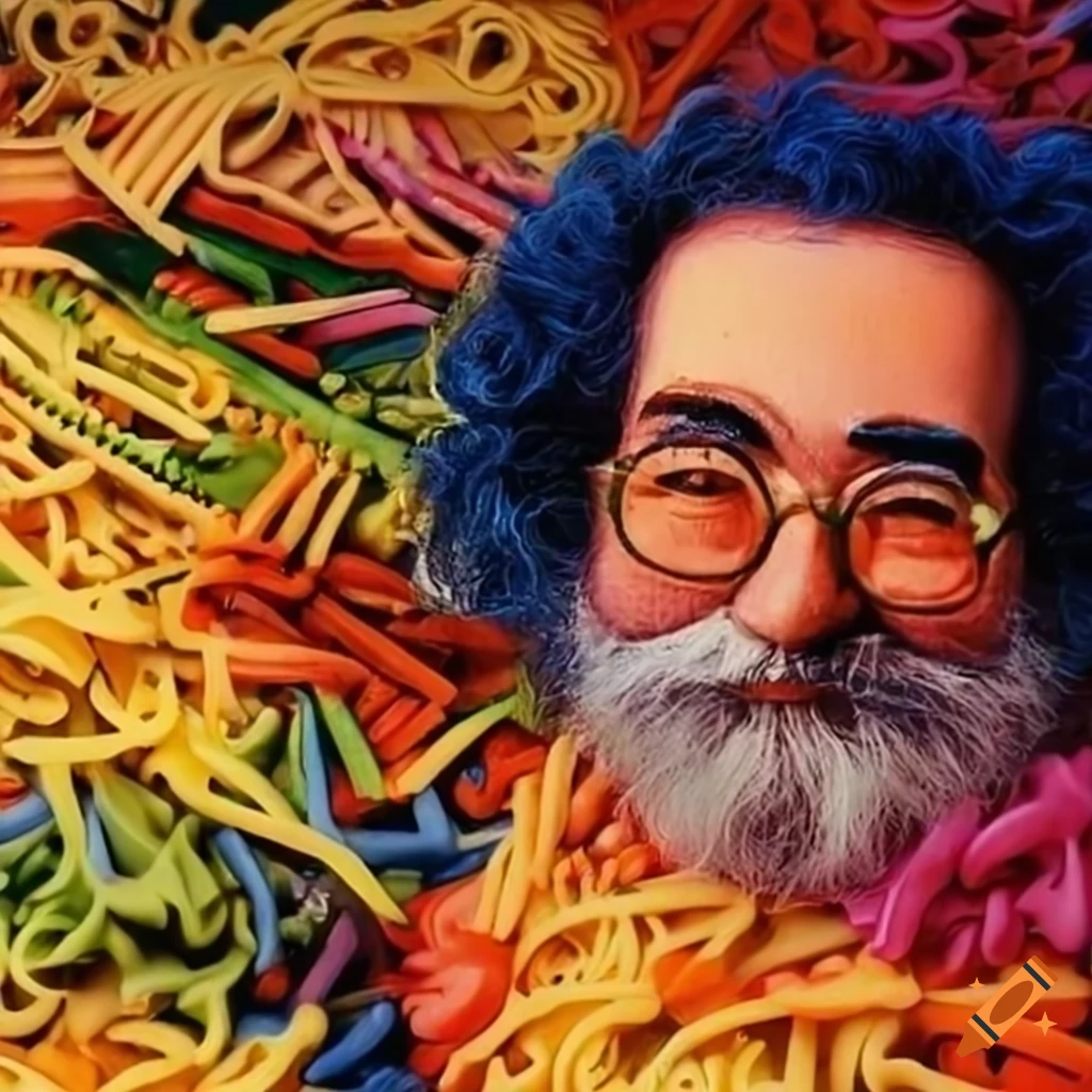 Colorful pasta art of jerry garcia's iconic face on Craiyon