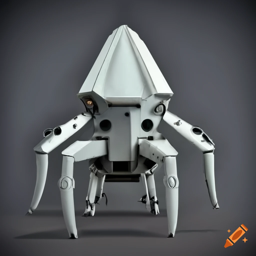 Squid-shaped robot with pentagonal head and military-style white body ...