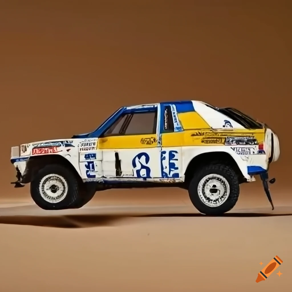 Late 1980s Dakar rally car in blue, white, and yellow from a side view ...