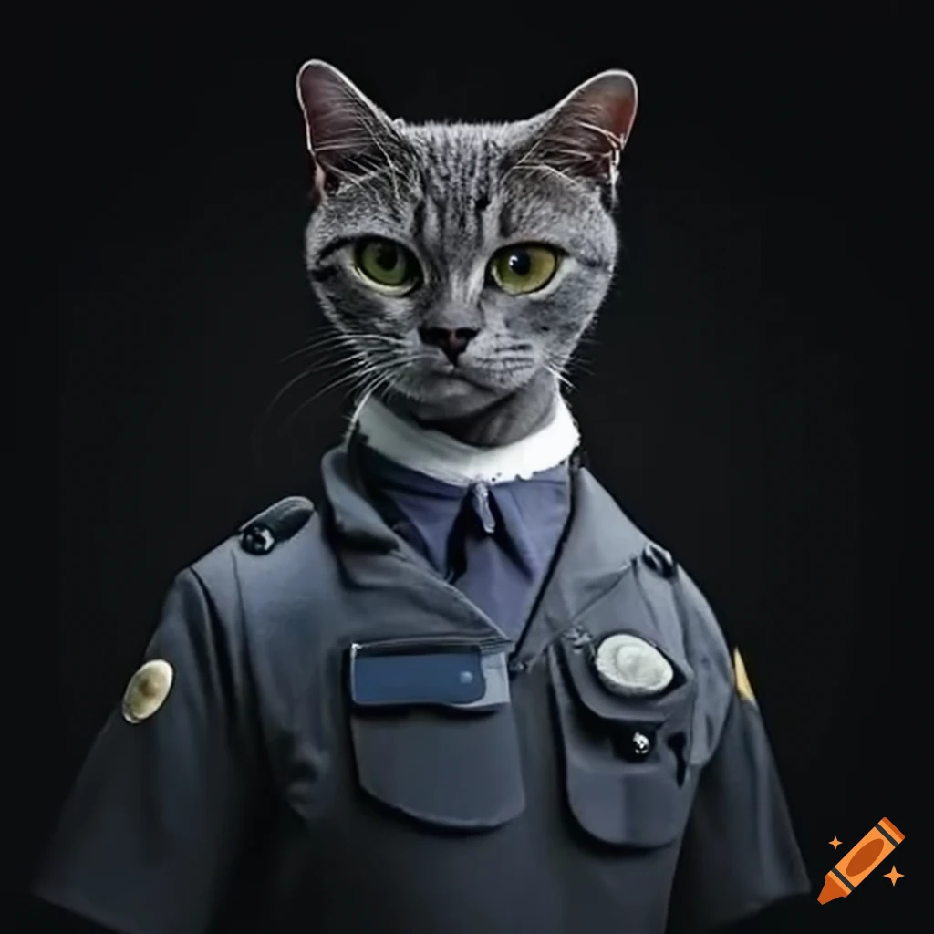 Gray cat working as a security guard on Craiyon