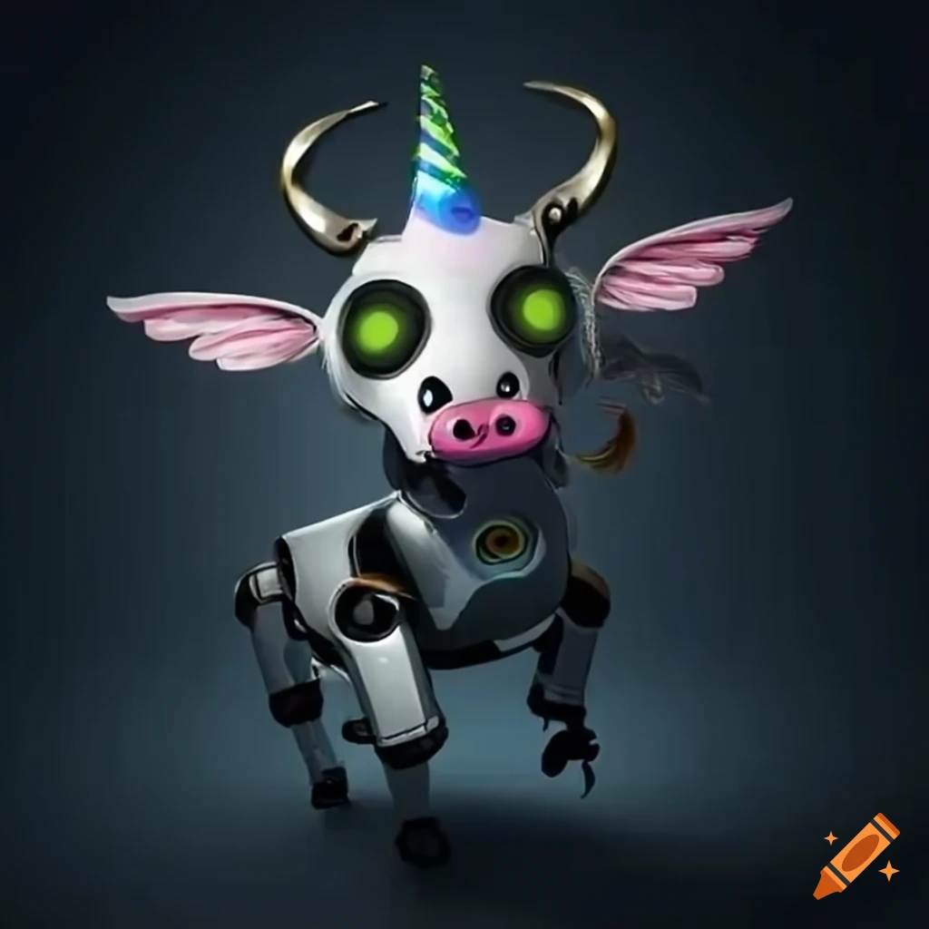 Flying robotic cow with wings and unicorn horn shooting a bow on Craiyon