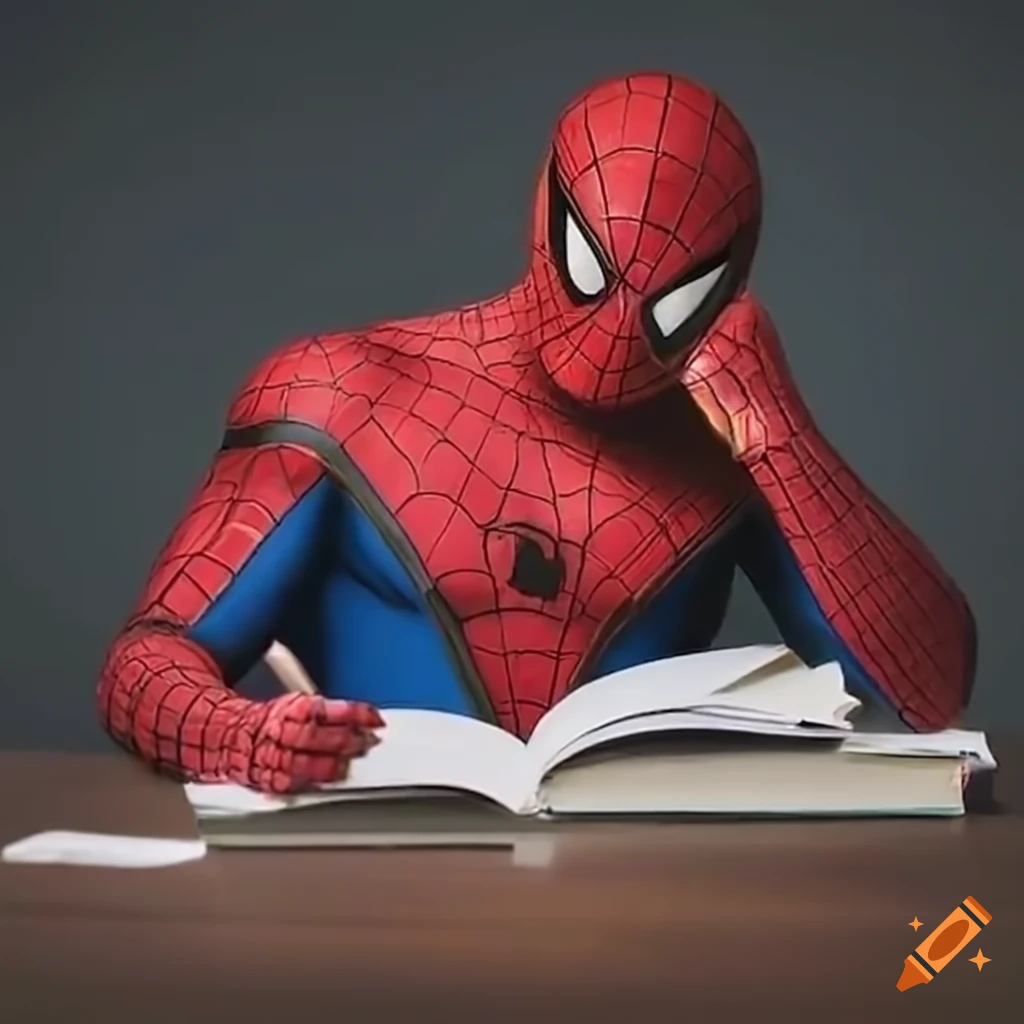 Spiderman studying surrounded by books on Craiyon