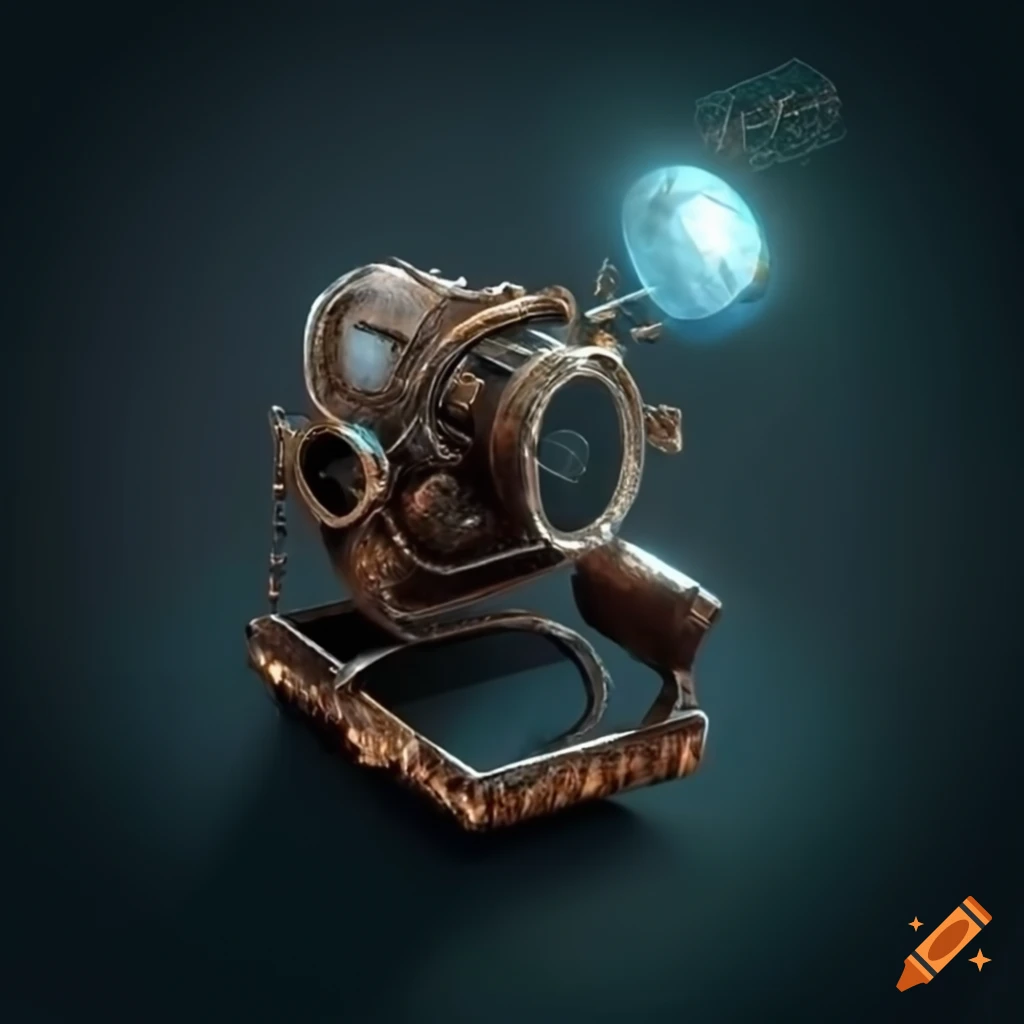 Medieval magic flying streaming camera concept art with crystal power ...
