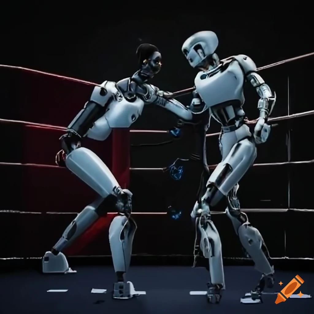 Intense battle between two AI robots in a boxing ring on Craiyon