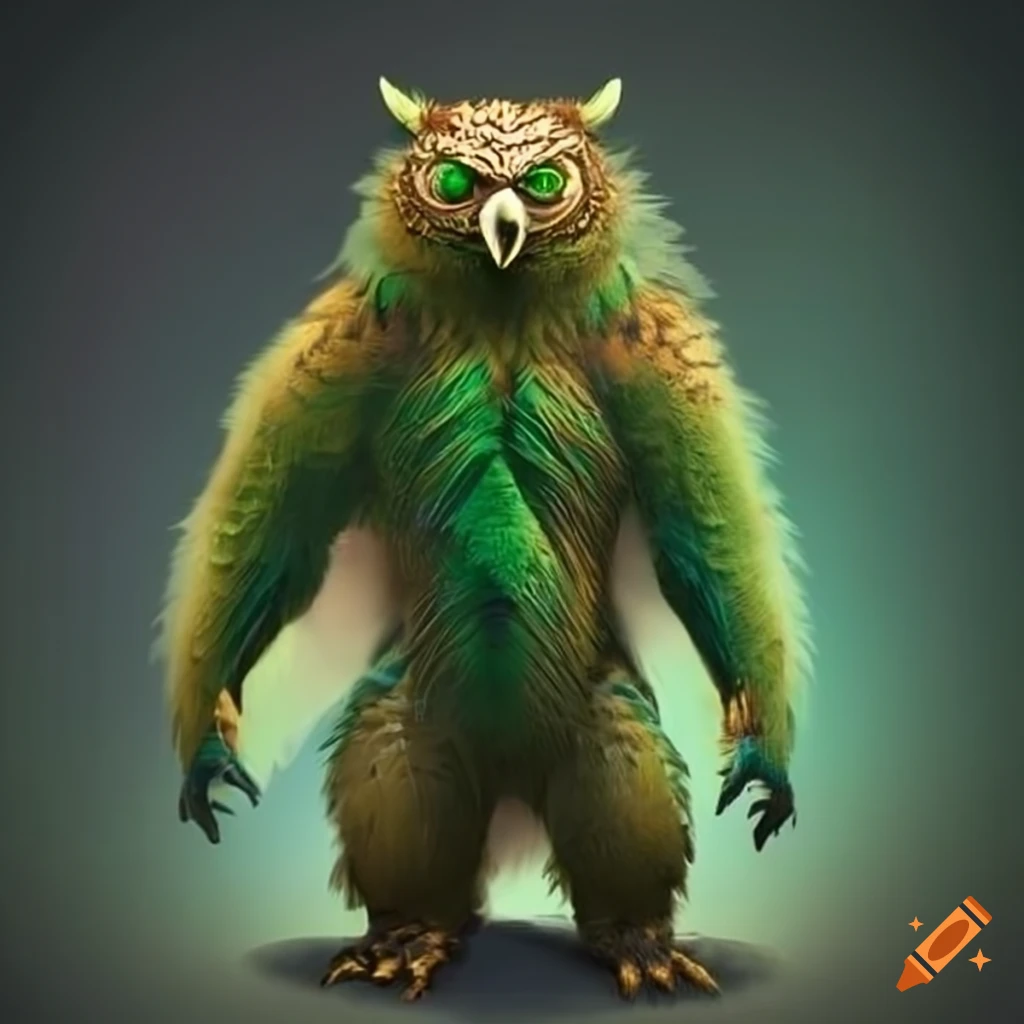 Massive feather-covered owlbear humanoid standing on Craiyon
