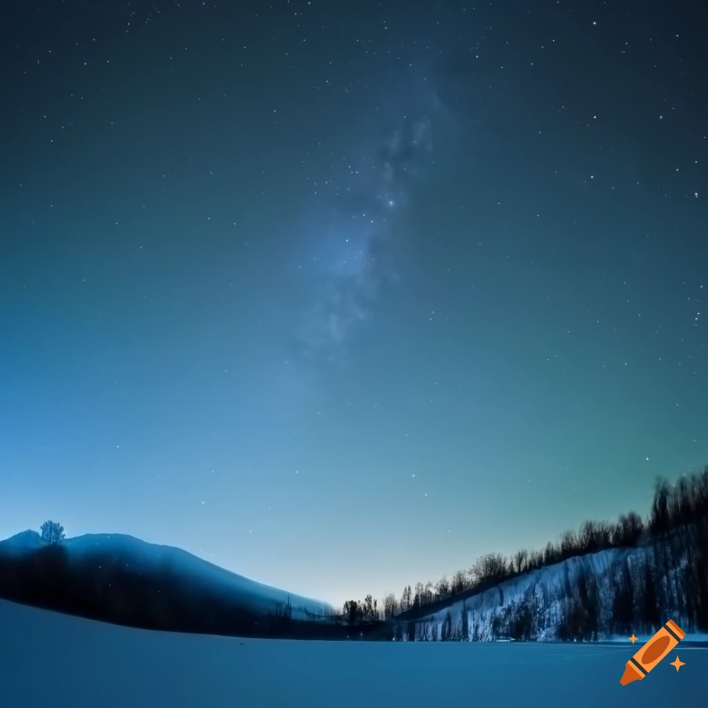 Snow-covered hill under a starry night sky with galaxy-like cluster of ...