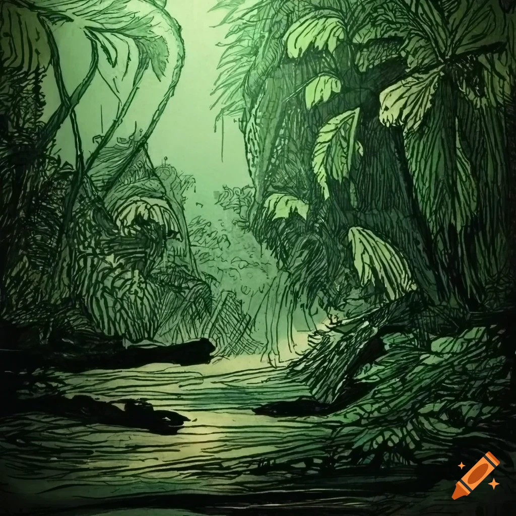 Ink sketch of a clearing in a lush rainforest on Craiyon