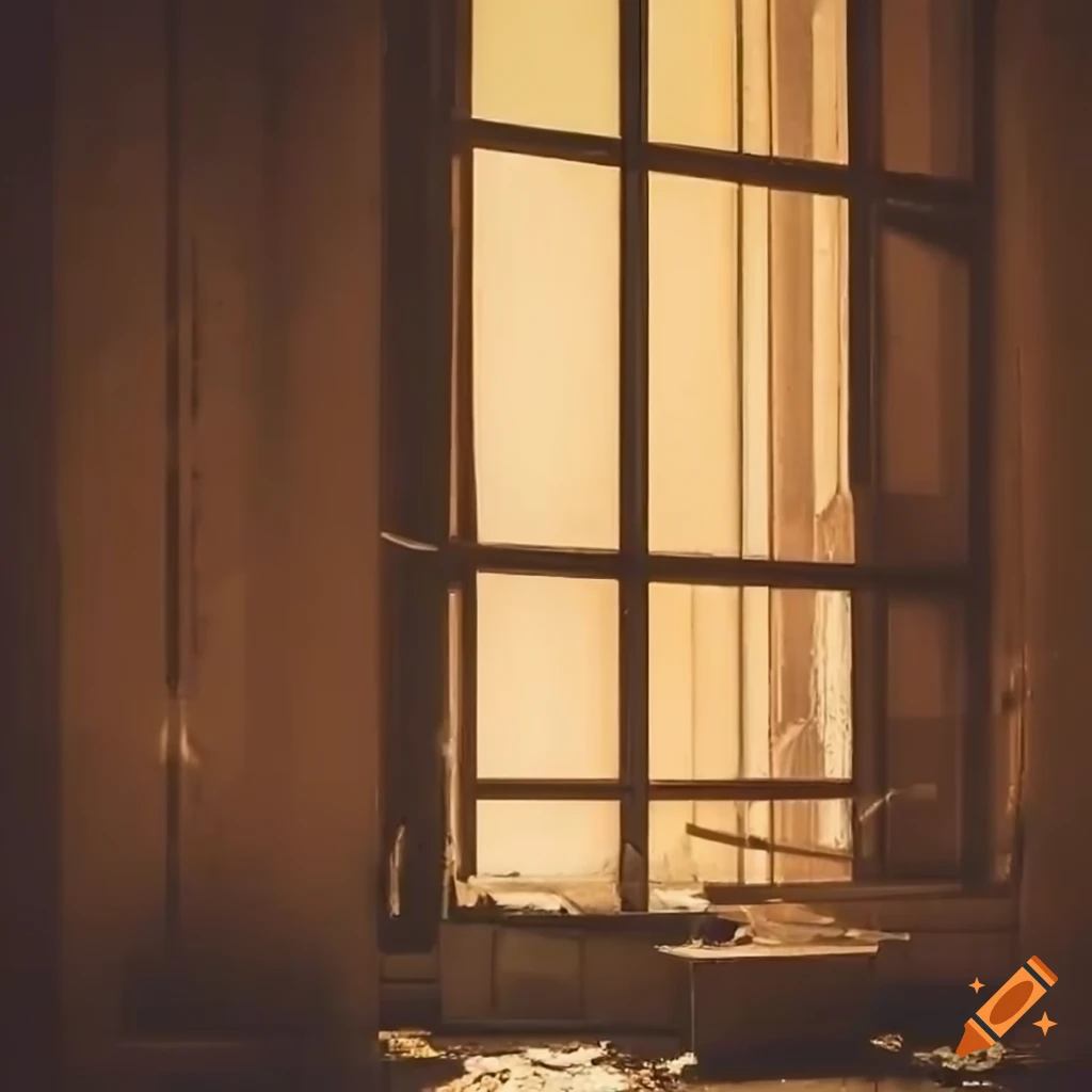 Abandoned sunny office with stacks of boxes and broken brown tinted ...