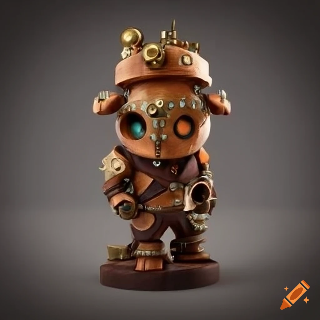Chibi steampunk golem artificer made of cherry wood and brass on Craiyon