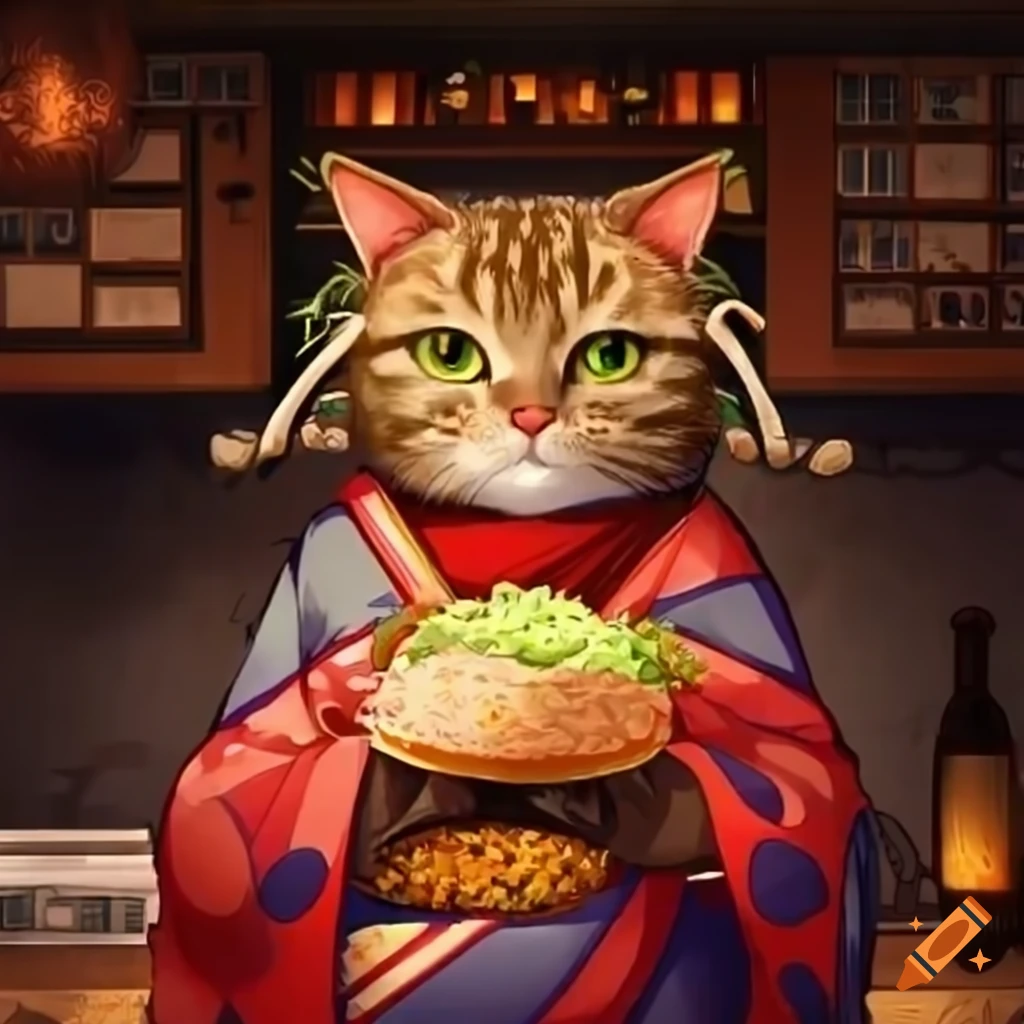 Samurai cat in a kimono enjoying a taco at an anime style bar on Craiyon