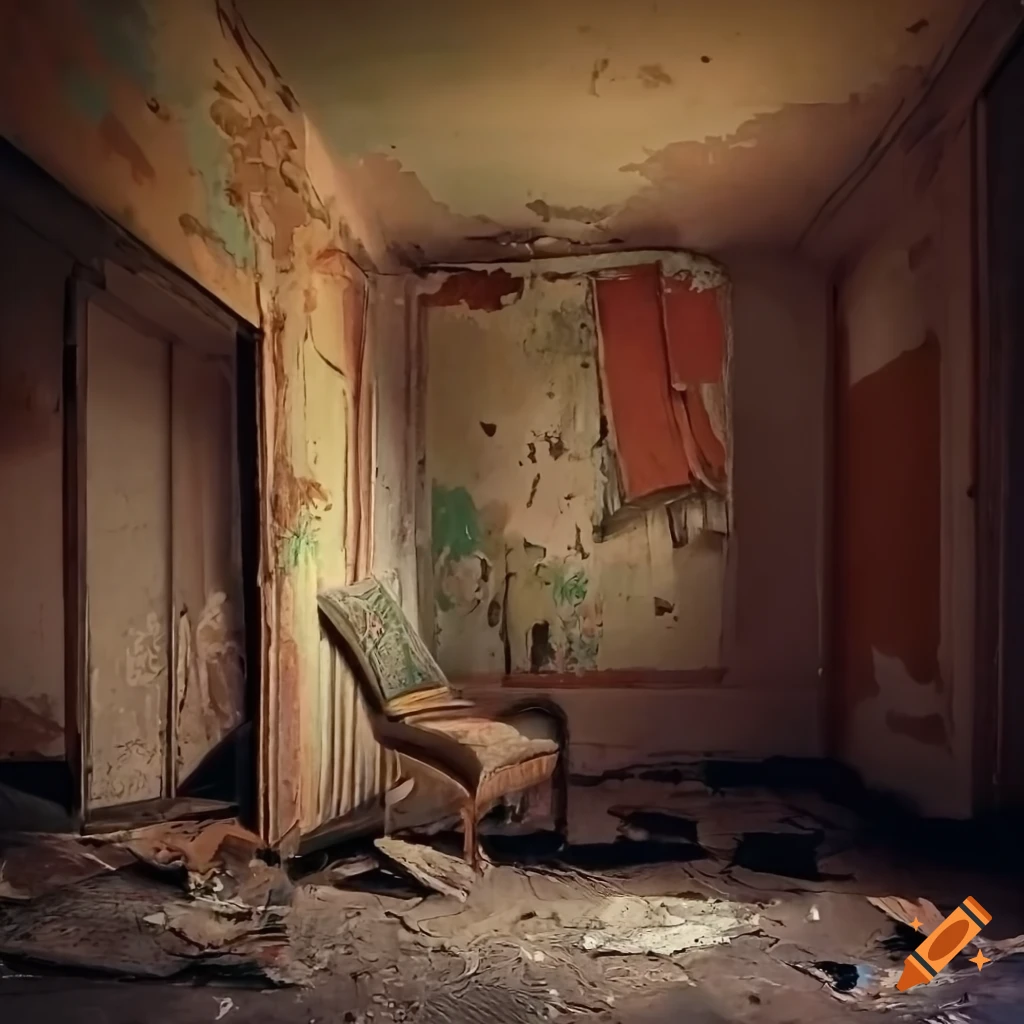 Abandoned room with peeling wallpaper and destroyed sofa on Craiyon