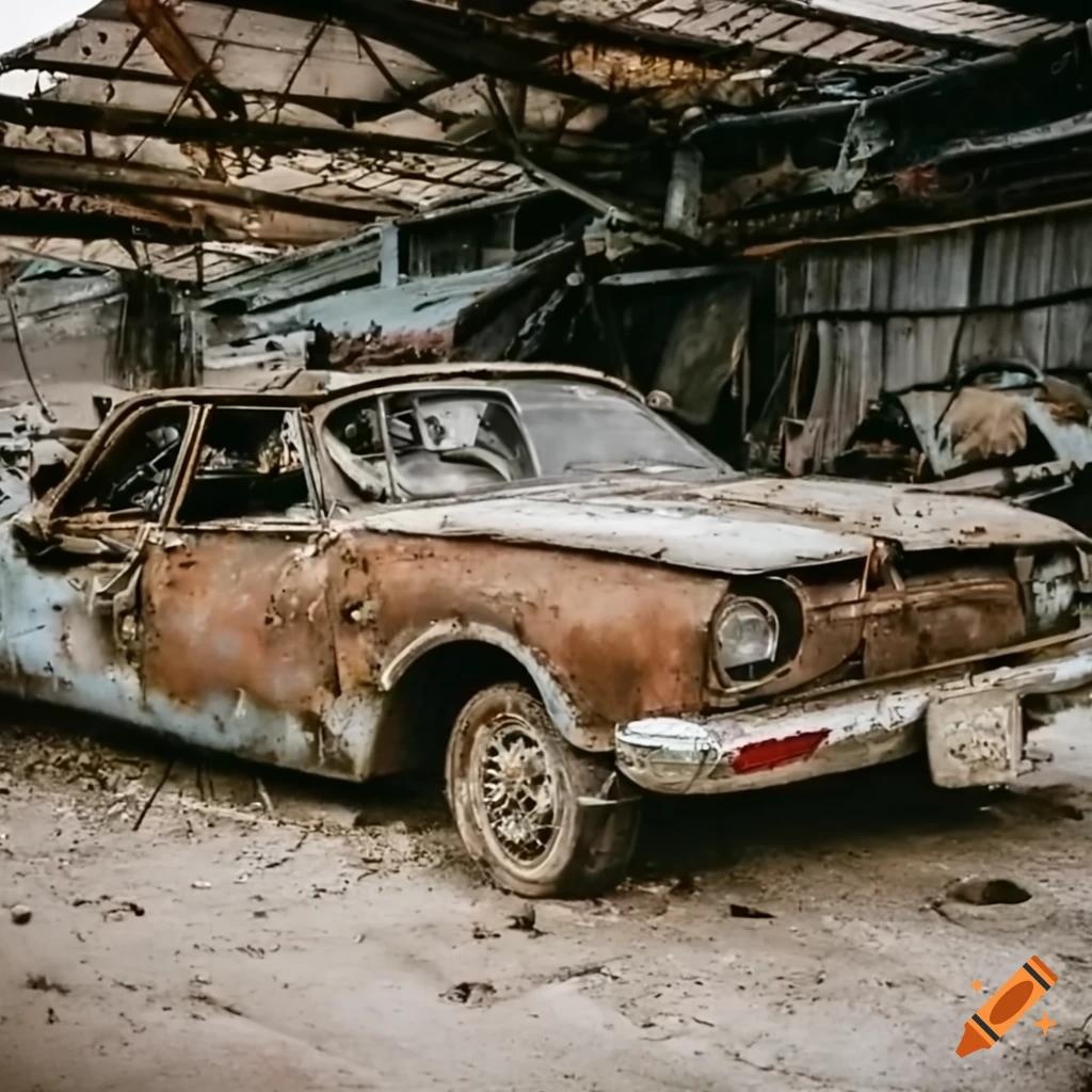 Post apocalyptic car in a workshop with cracks and puddles, VHS ...