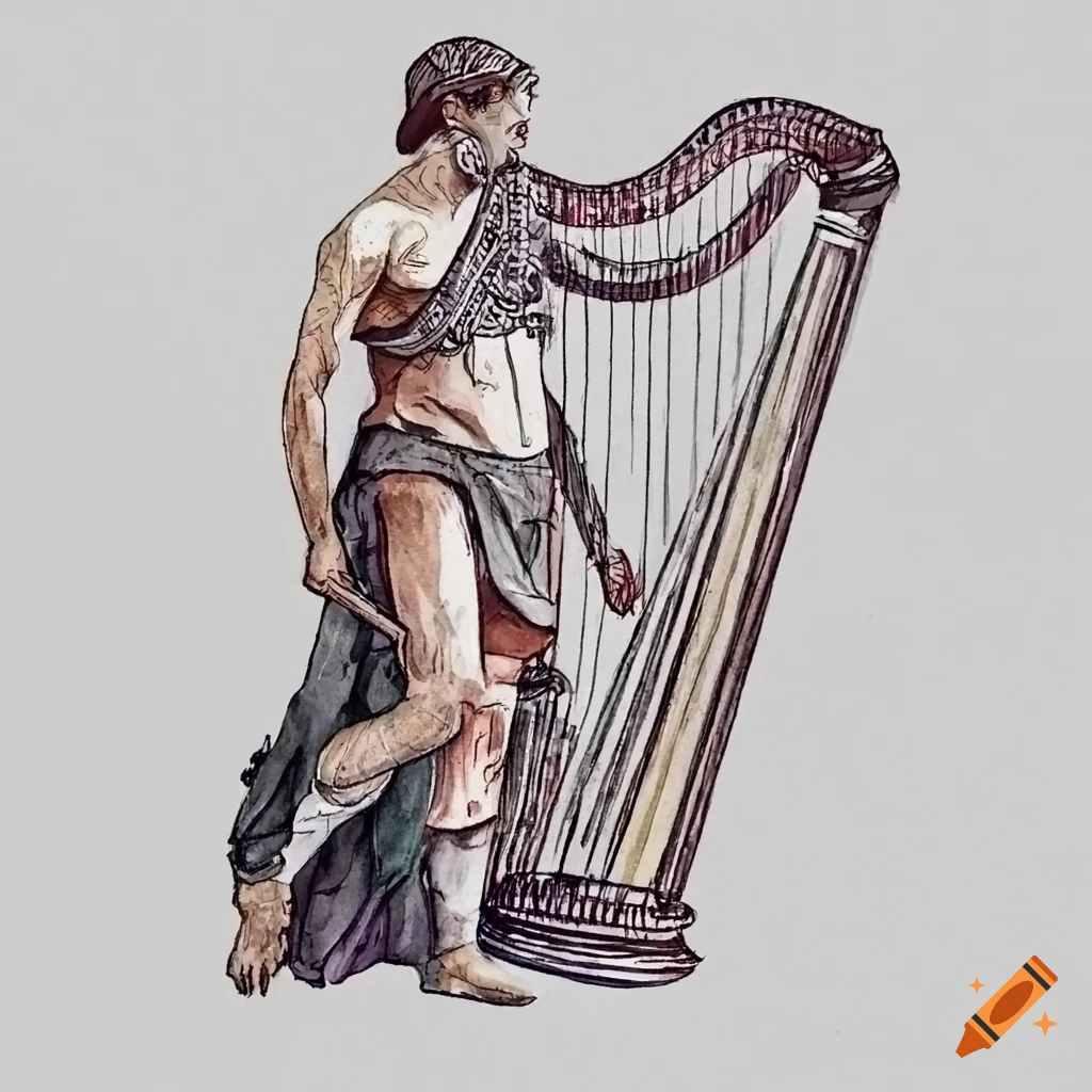 Greek hero playing a harp in watercolor artwork on Craiyon