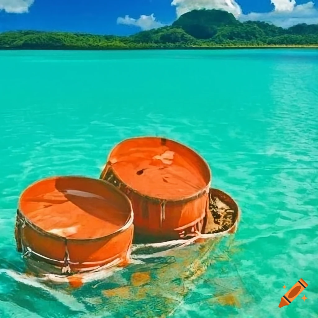 Vintage travel poster with oil drums floating by tropical pacific ...