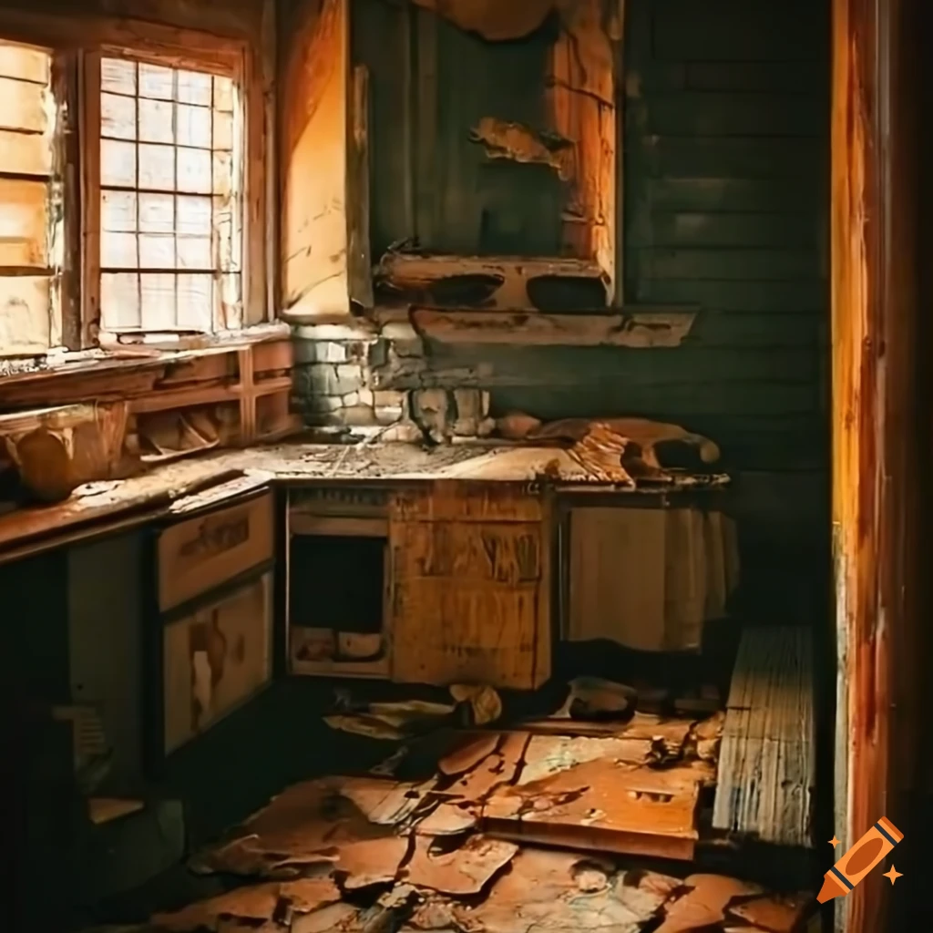 Foggy flooded abandoned narrow kitchen with skylights and peeling paint on Craiyon