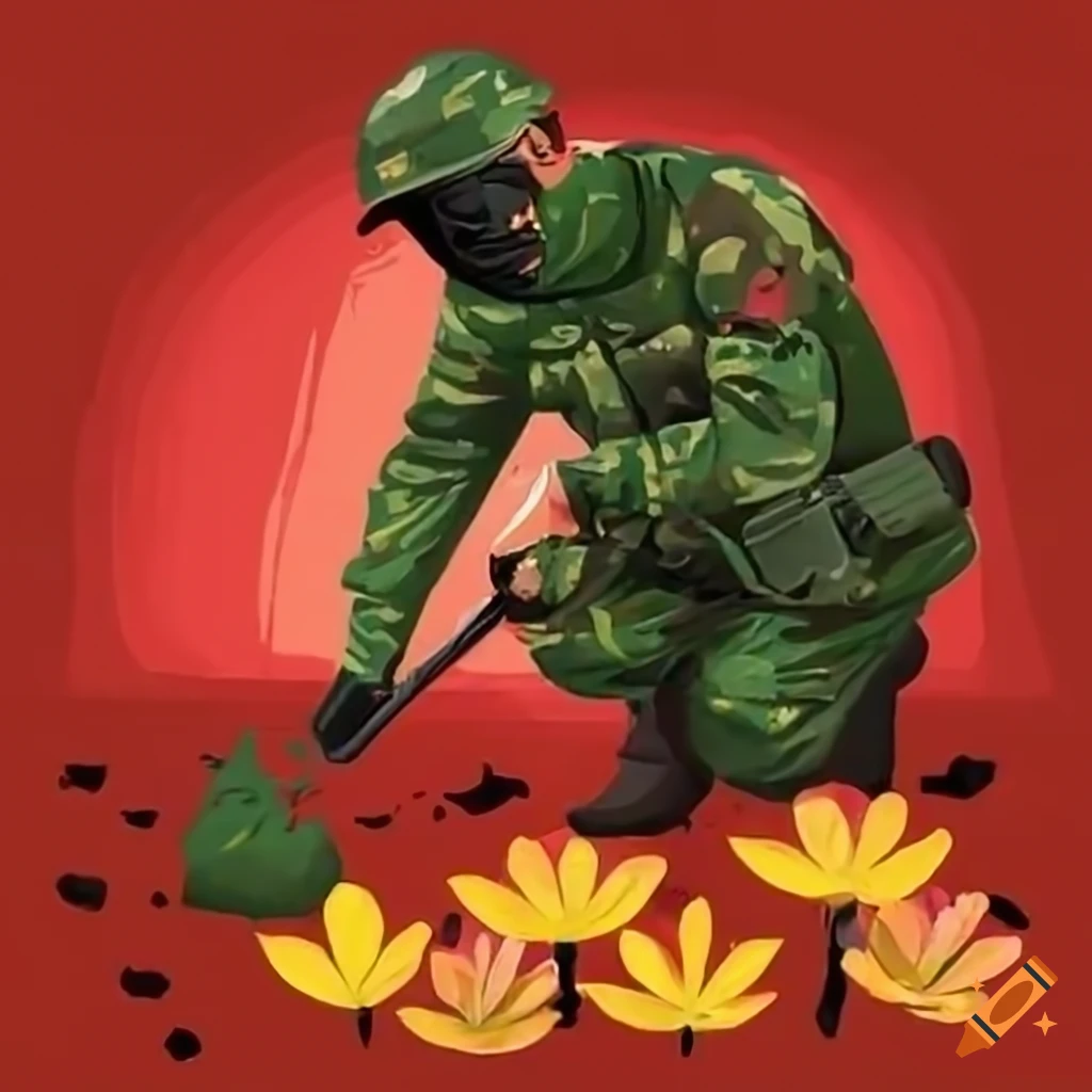 Soldier planting flag on red soil surrounded by blooming flowers on Craiyon