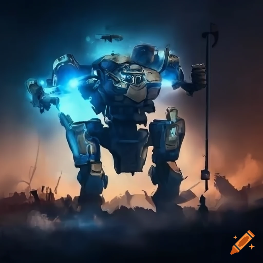 Blue and gold mech with musketeer hat and spear on futuristic ...