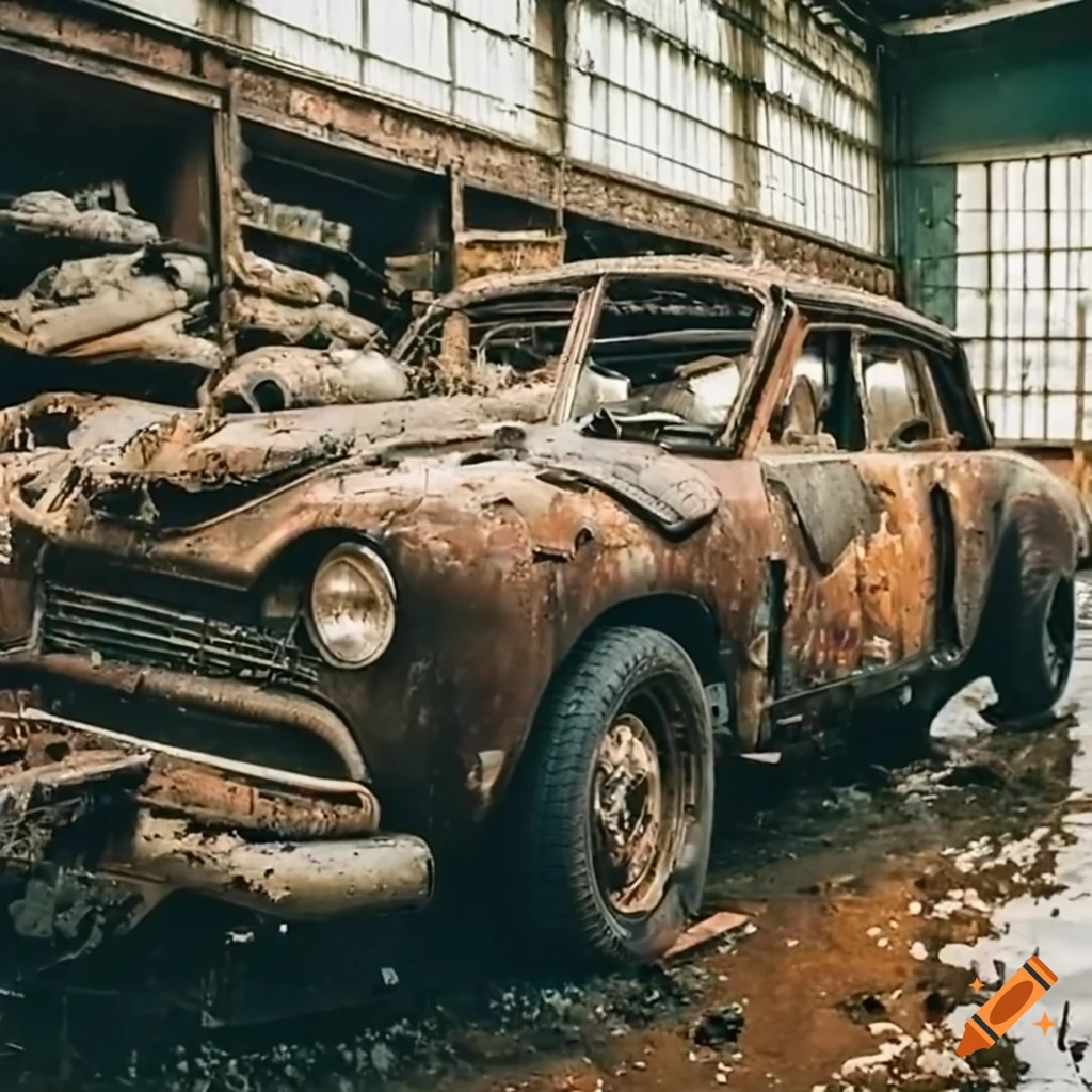 Post-apocalyptic car in a workshop with cracks and puddles, vhs ...