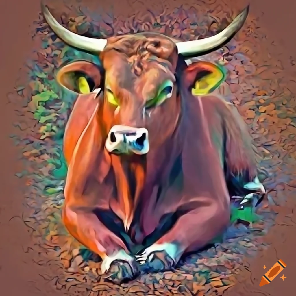 Red copper coloured bull resting on the ground on Craiyon