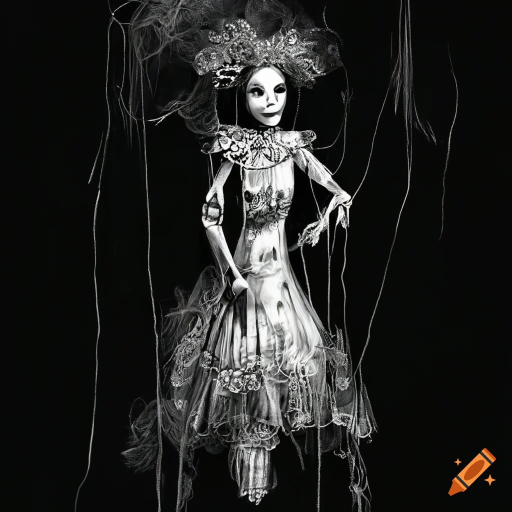 Elaborately dressed full-length wool marionette doll on Craiyon