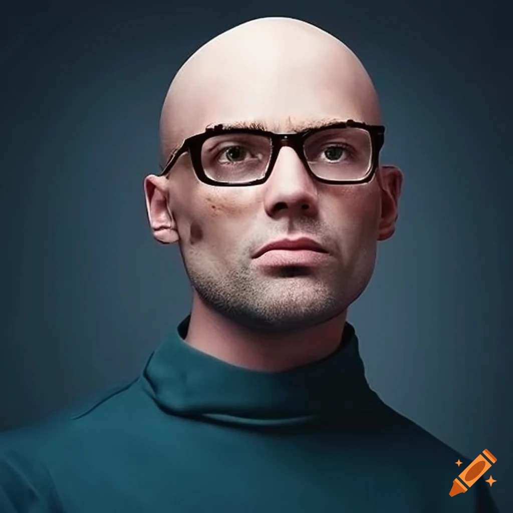 Tech entrepreneur with bald head, glasses, and geeky attire on Craiyon