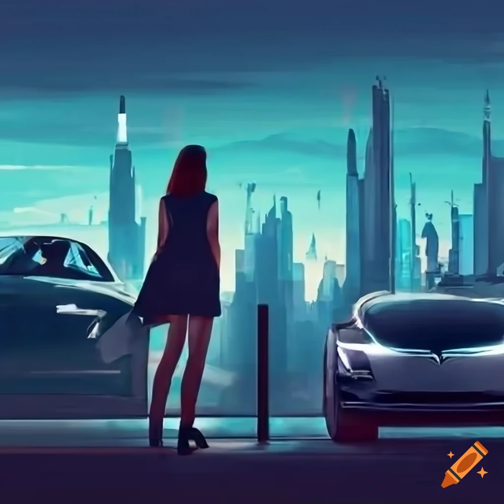 Women standing next to tesla car with futuristic cityscape background ...