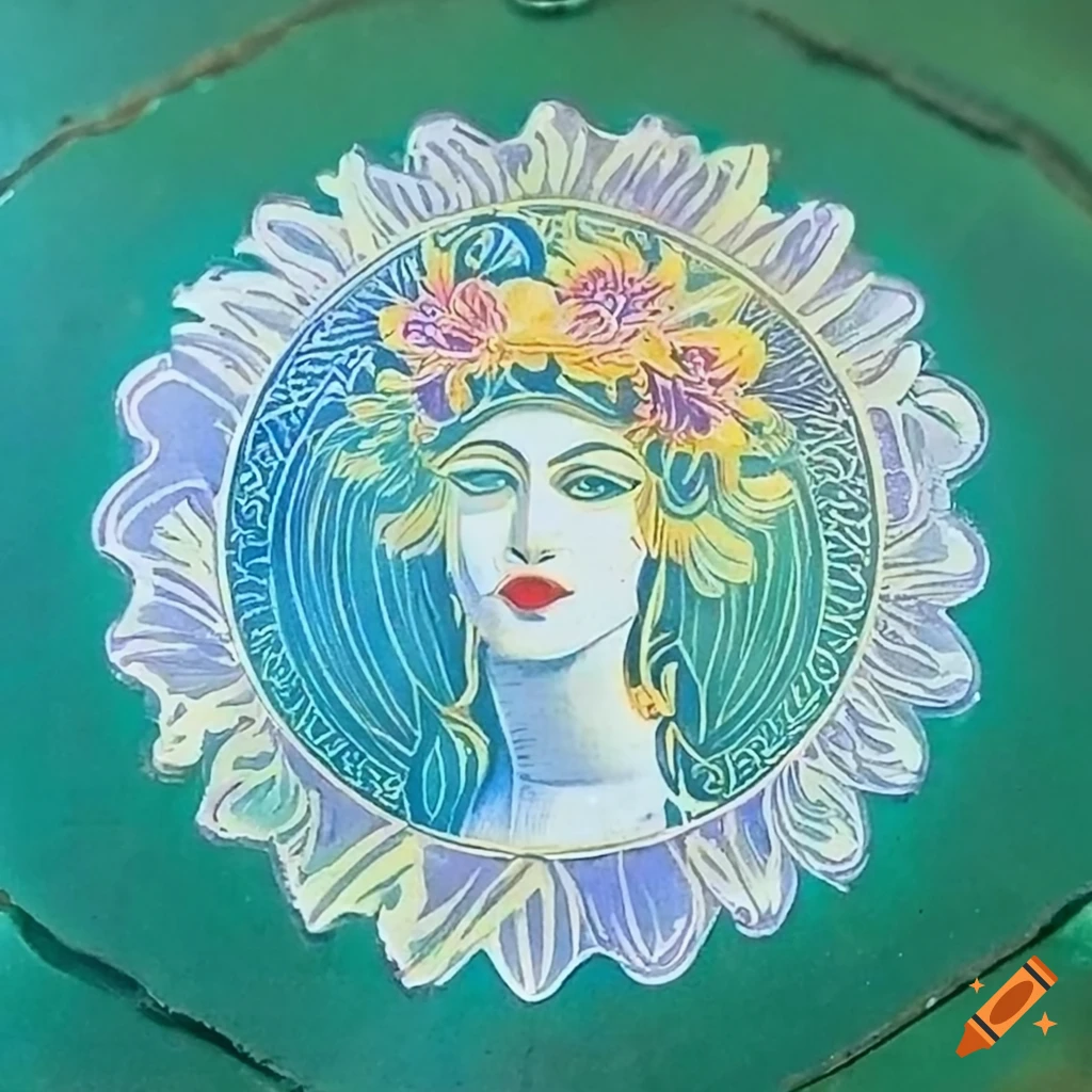 Classical sun with face sticker art in opalescent art deco style on Craiyon