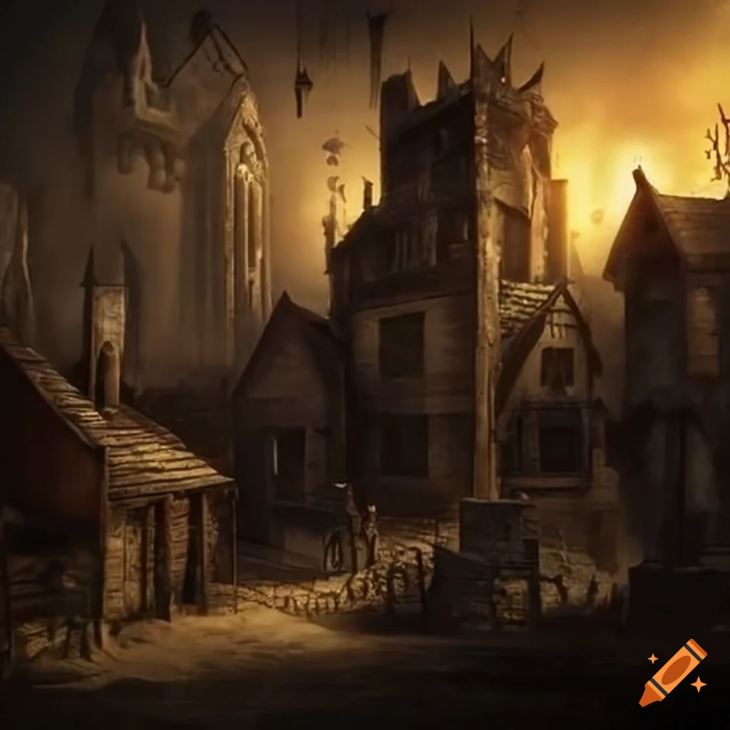 Spooky creepy medieval western fantasy folklore town on Craiyon