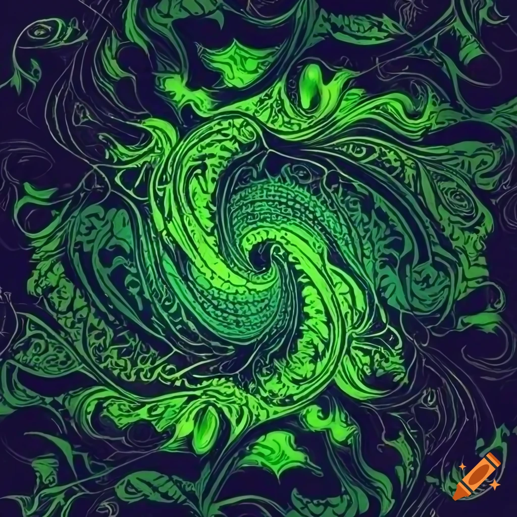 Green swirling vine patterns on dark background in abstract minimalist ...