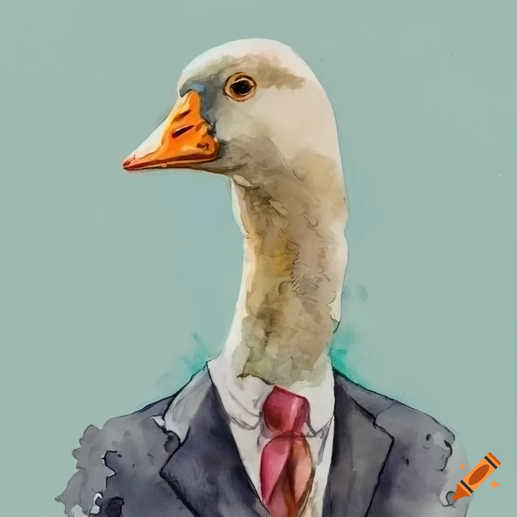 Goose wearing a business suit in an office setting on Craiyon