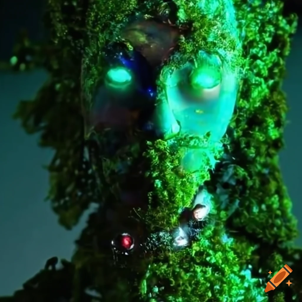 High-tech biopunk cyborg covered in glowing moss in futuristic ...