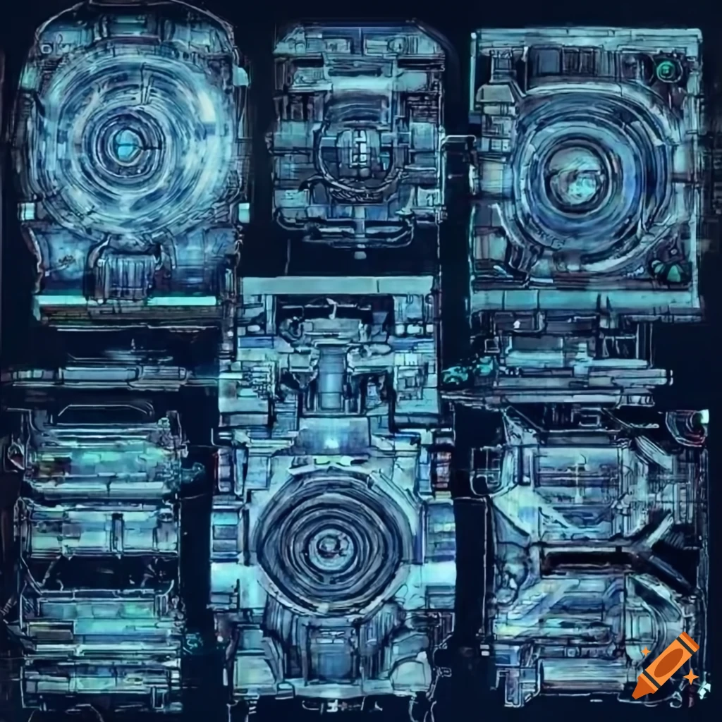 Sketches blueprint of futuristic sci-fi warp engine configurations and ...