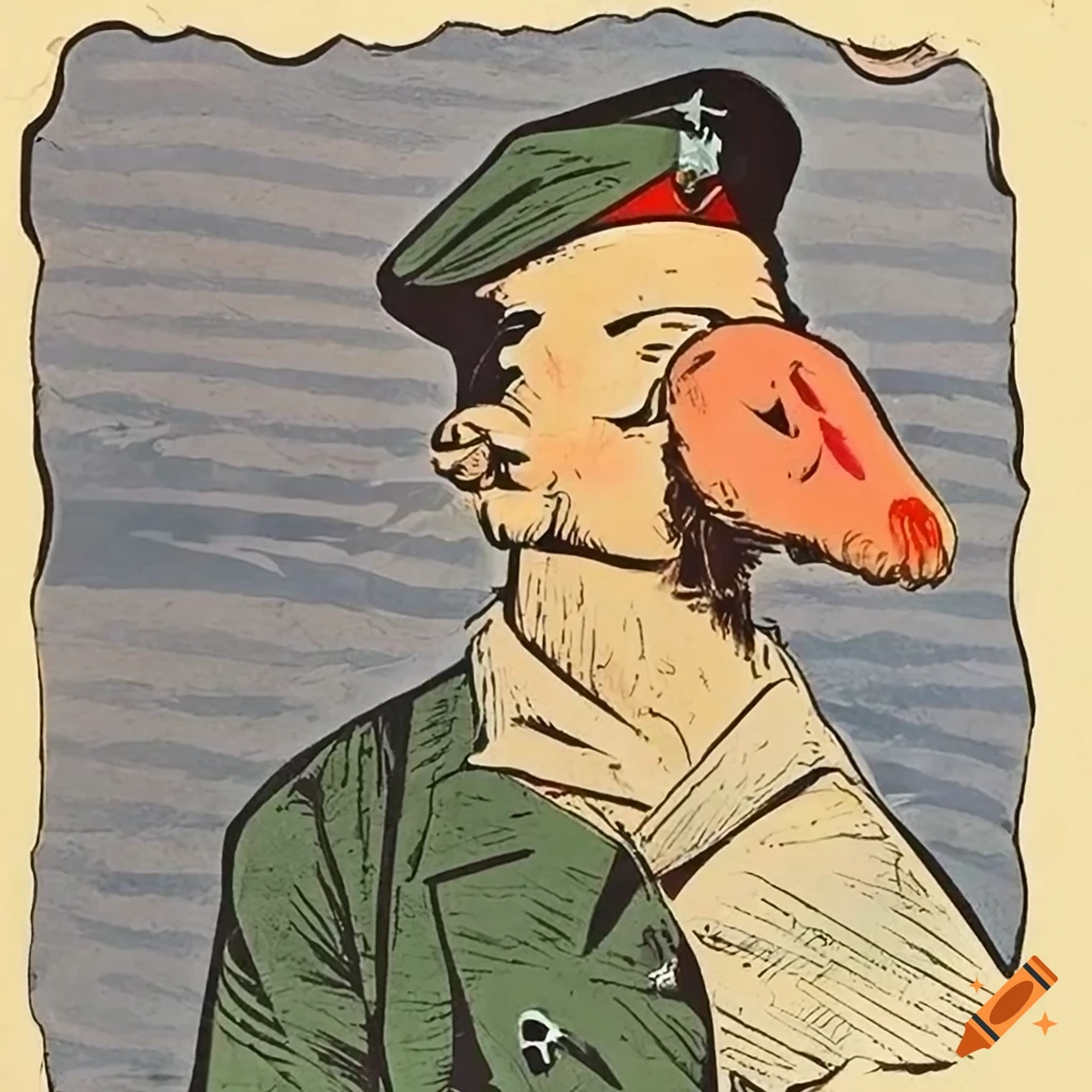 Cartoonish image of a man in a soviet officer cape, small suit, pig ...