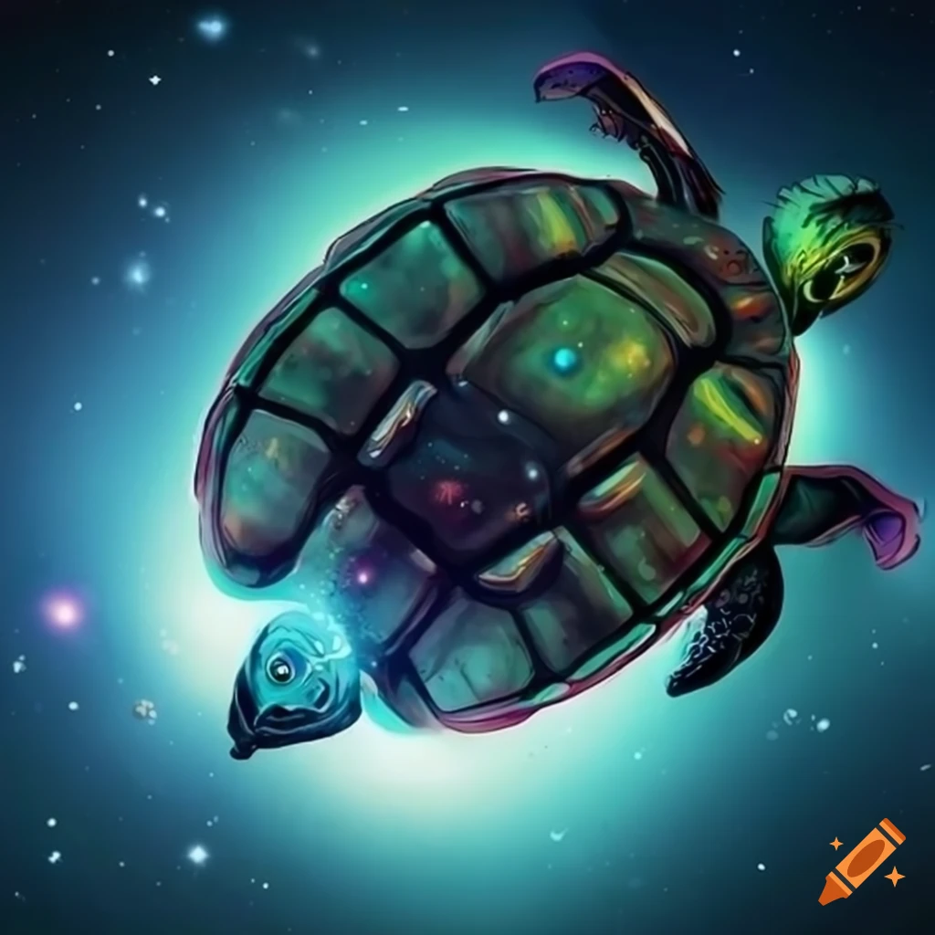 Turtle flying through a galaxy in a futuristic spaceship on Craiyon