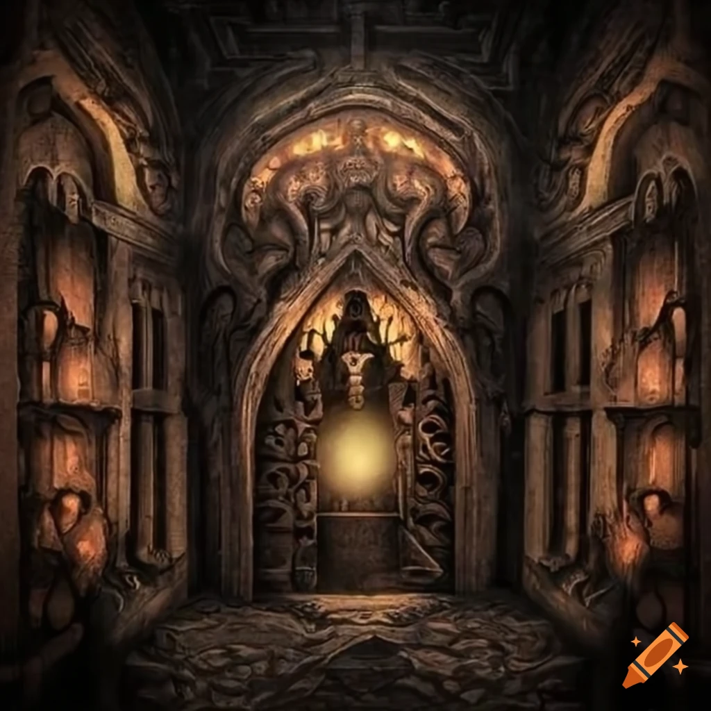 Spooky dungeon entrance with intricate carvings leading to a dimly lit ...
