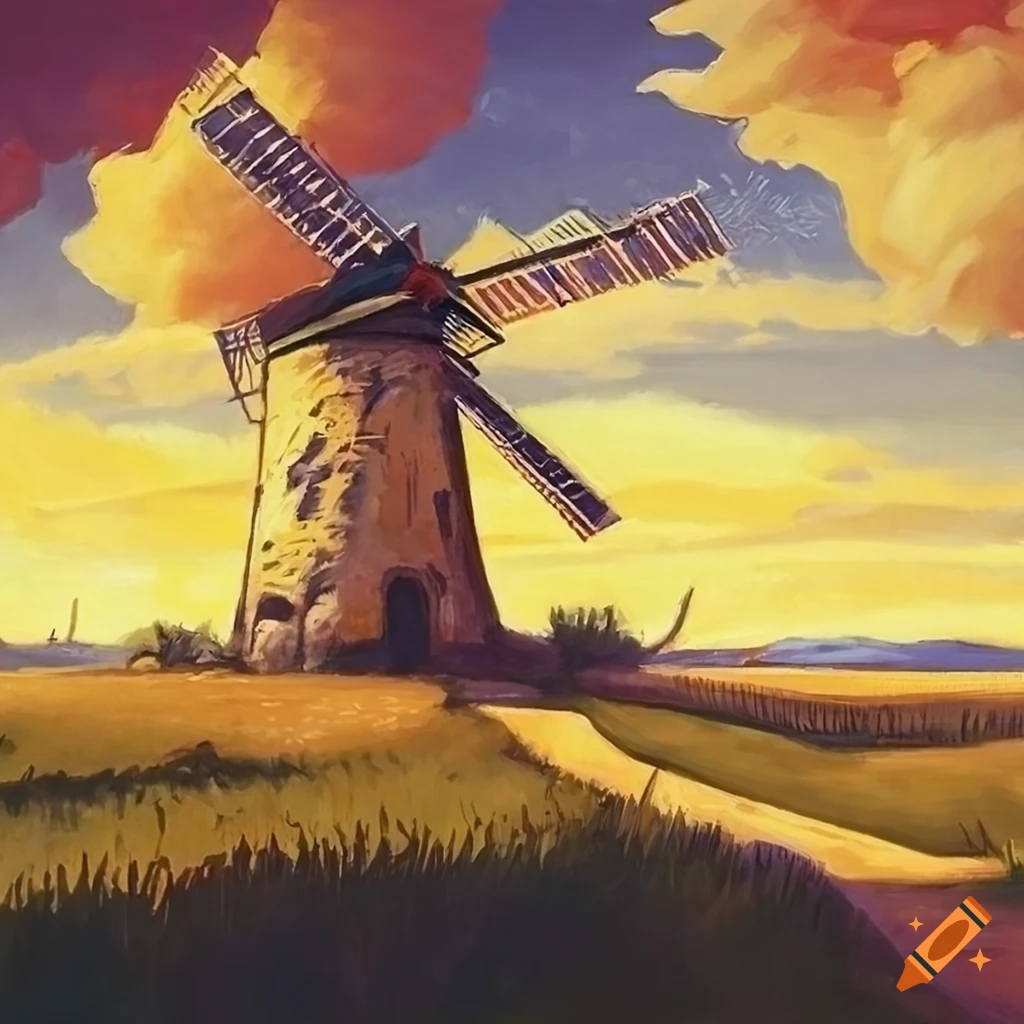 Flat plains windmill landscape in magic: the gathering art on Craiyon