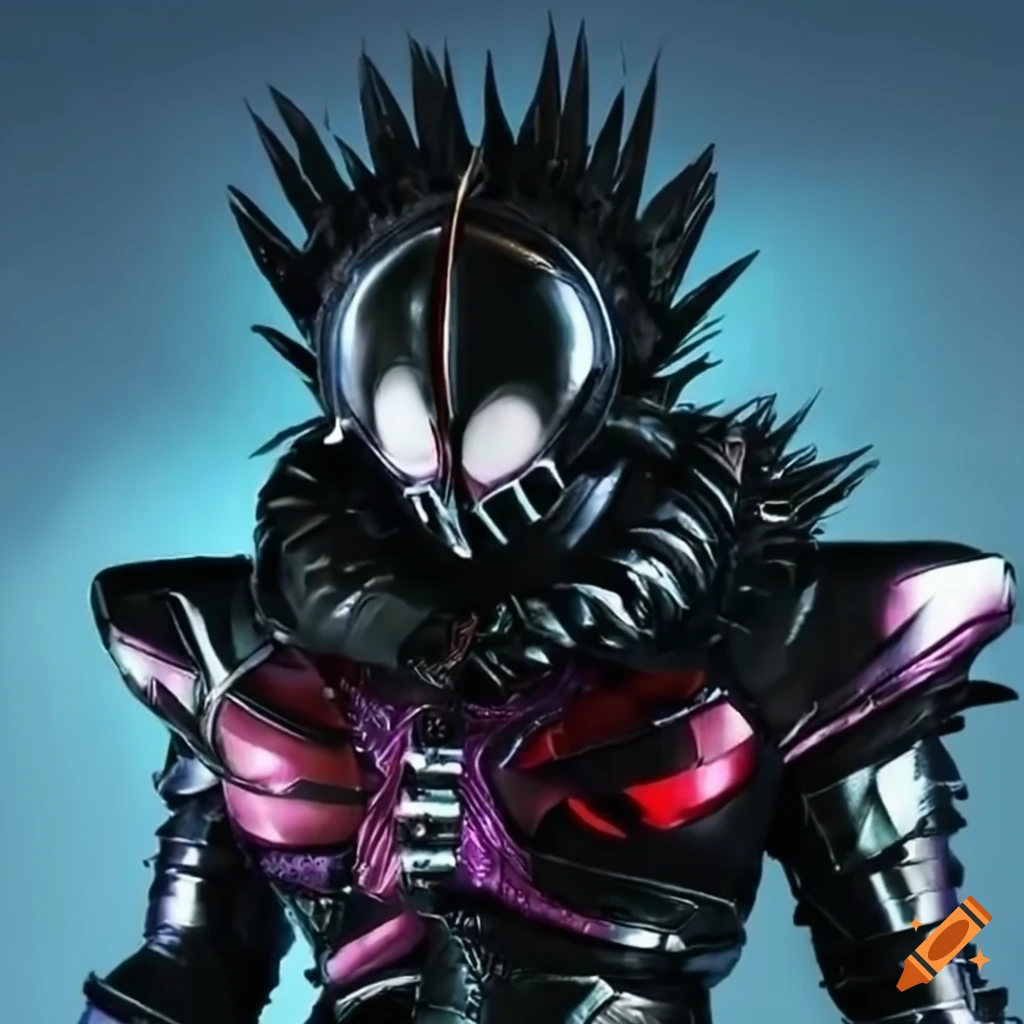 Kamenrider with metallic suit and spiky clothing on Craiyon
