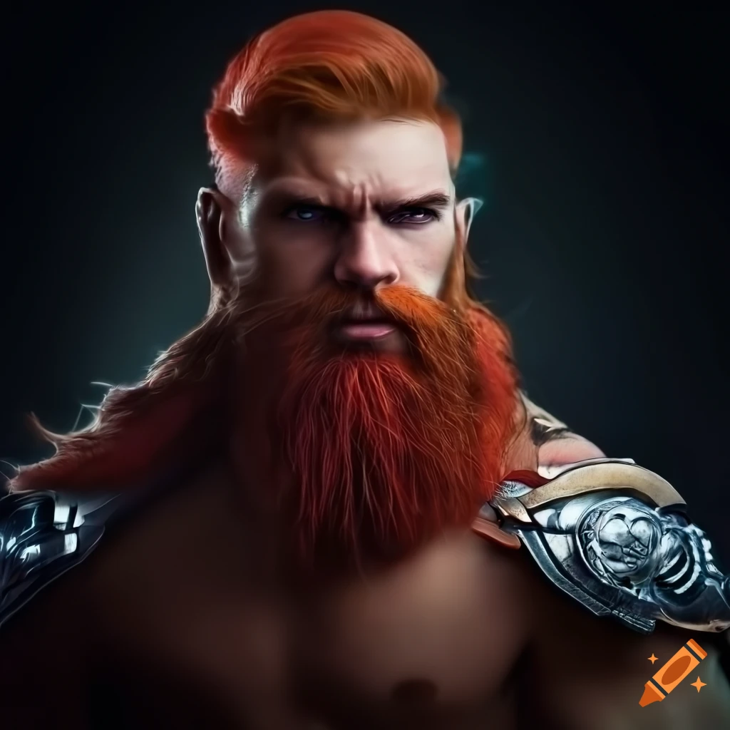 Muscular warrior with red hair and beard in a cinematic stormy setting ...