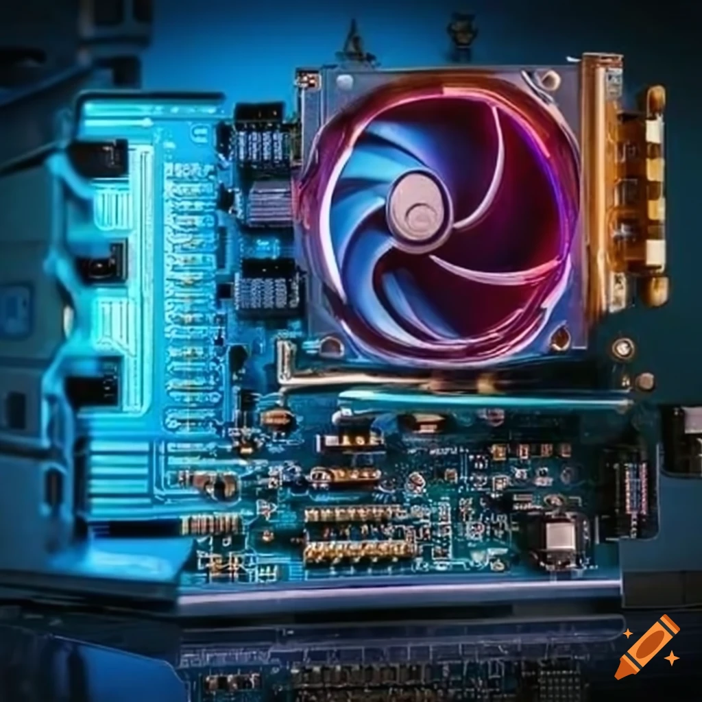 Intricate electronic circuit board with liquid cooling channels on Craiyon