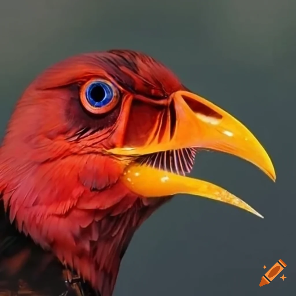 Colorful giant bird with blue eyes and a cursed t-rex in the background ...