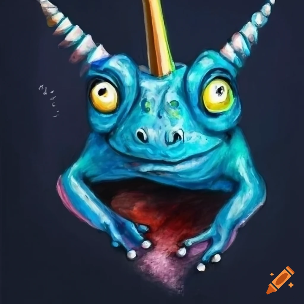 Angry blue bull frog unicorn monster in a minimalist oil painting on ...