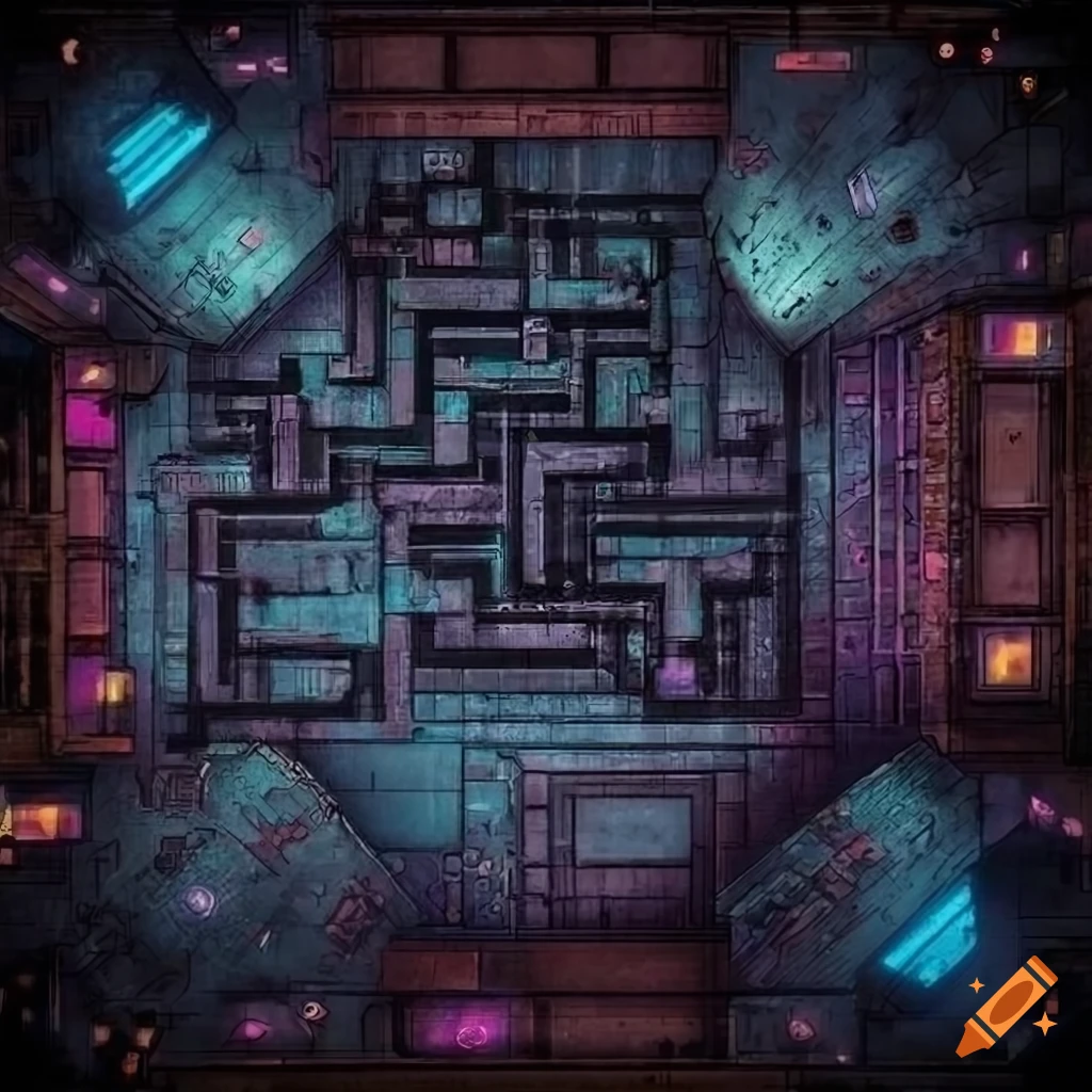 Top-view map of abandoned factory labyrinth in CyberpunkRED TTRPG with ...