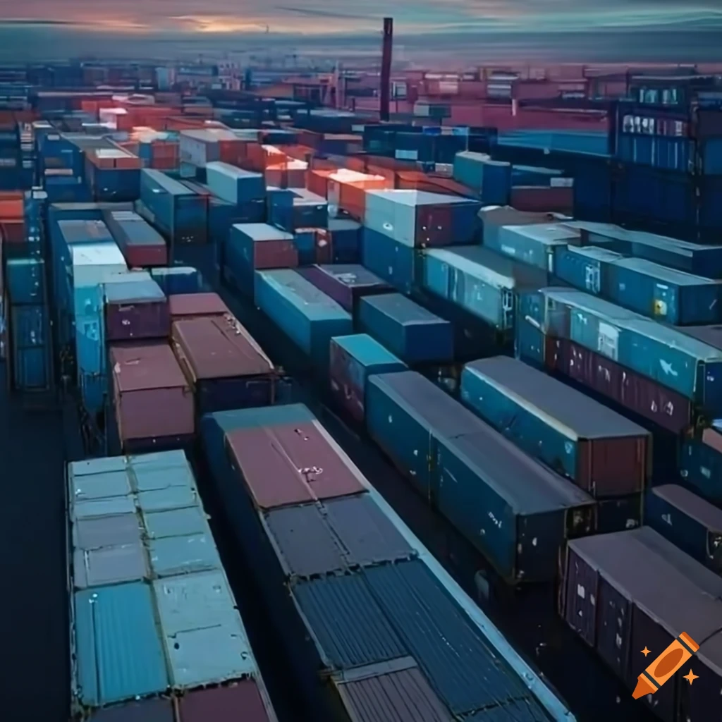 European freight station with freight trains on tracks in a container ...