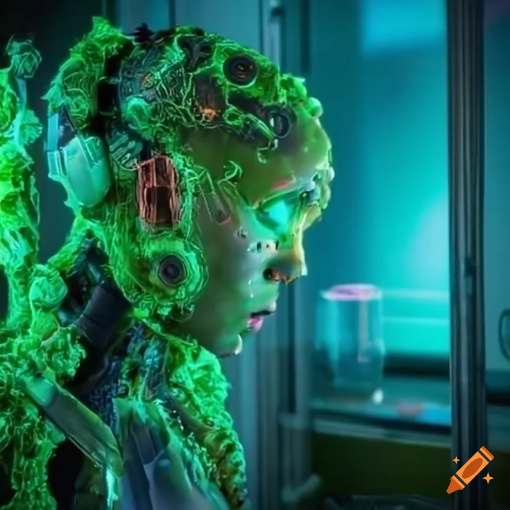 High-tech biopunk cyborg covered in glowing moss in futuristic ...