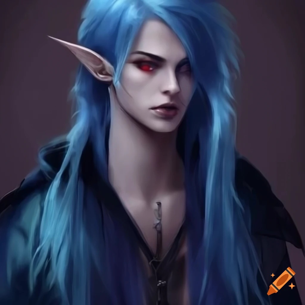 Young adult with long blue hair and purple eyes wearing a blue cloak on ...