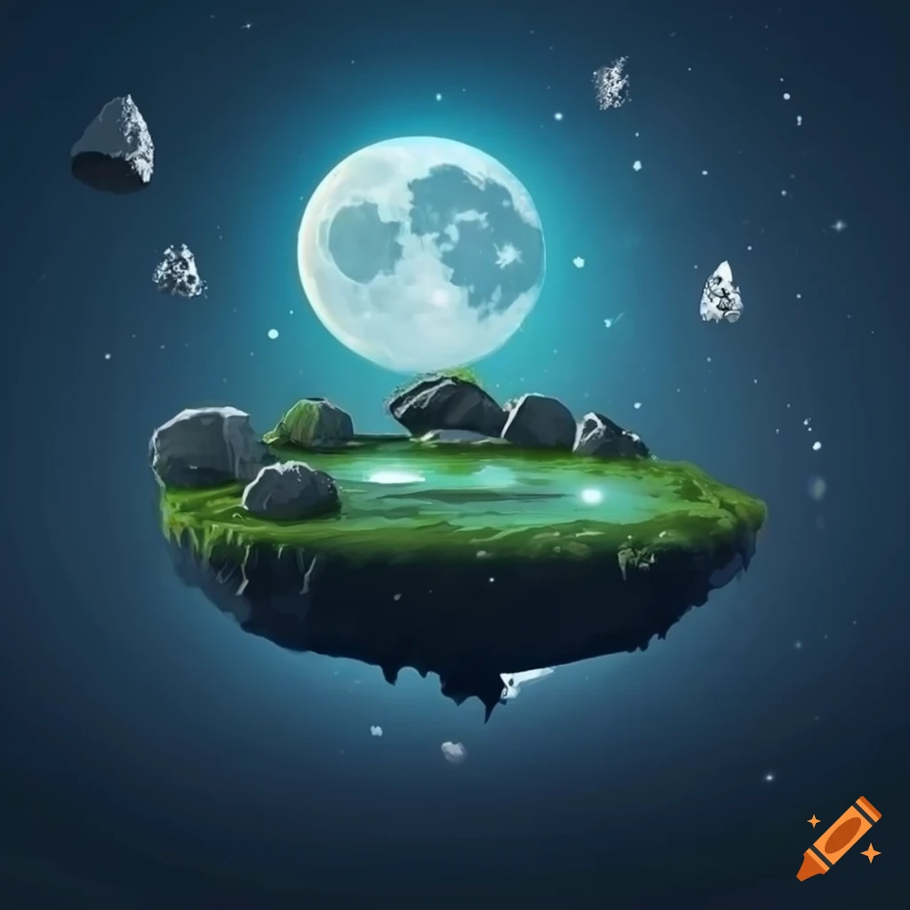 Moonlit island realm with mountains, forest, and floating rocks in space on Craiyon