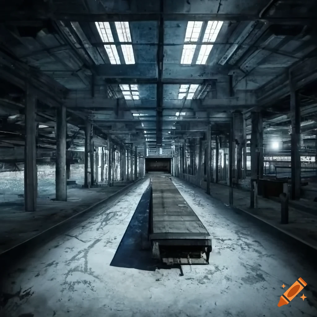 Derelict underground warehouse with scrap metal and machinery on Craiyon