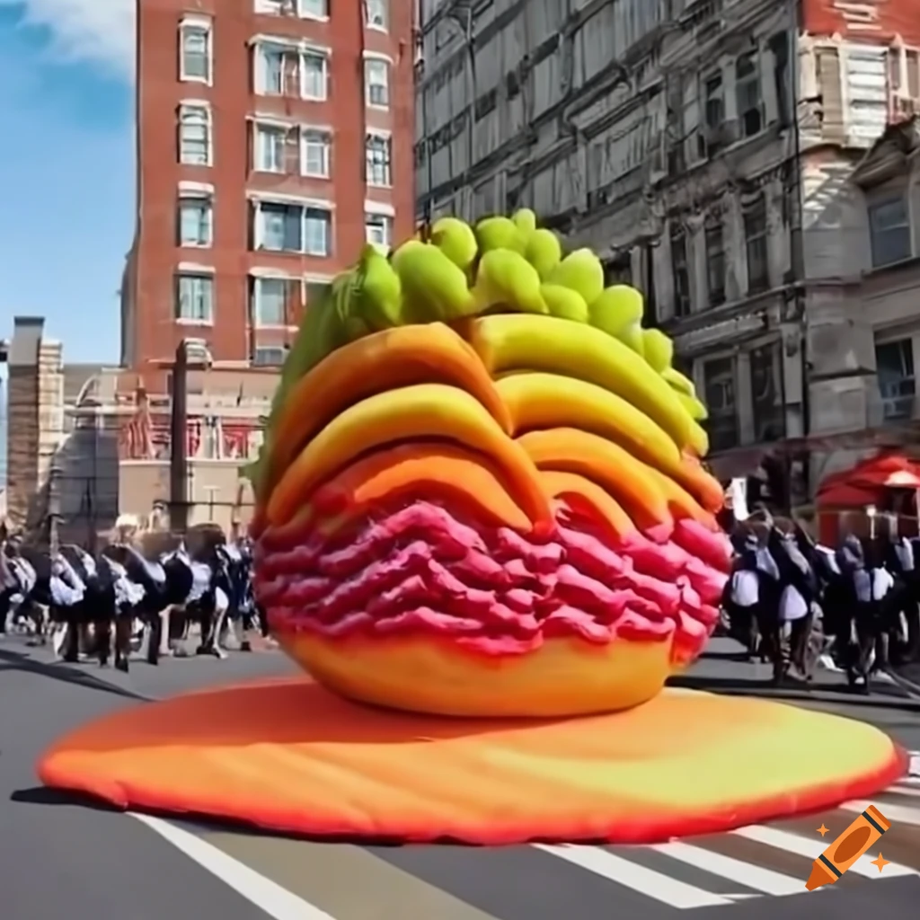 Distorted parade with giant foam fruit sculptures on Craiyon